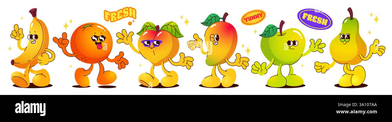 Groovy fruit cartoon characters with expressive faces and poses ...