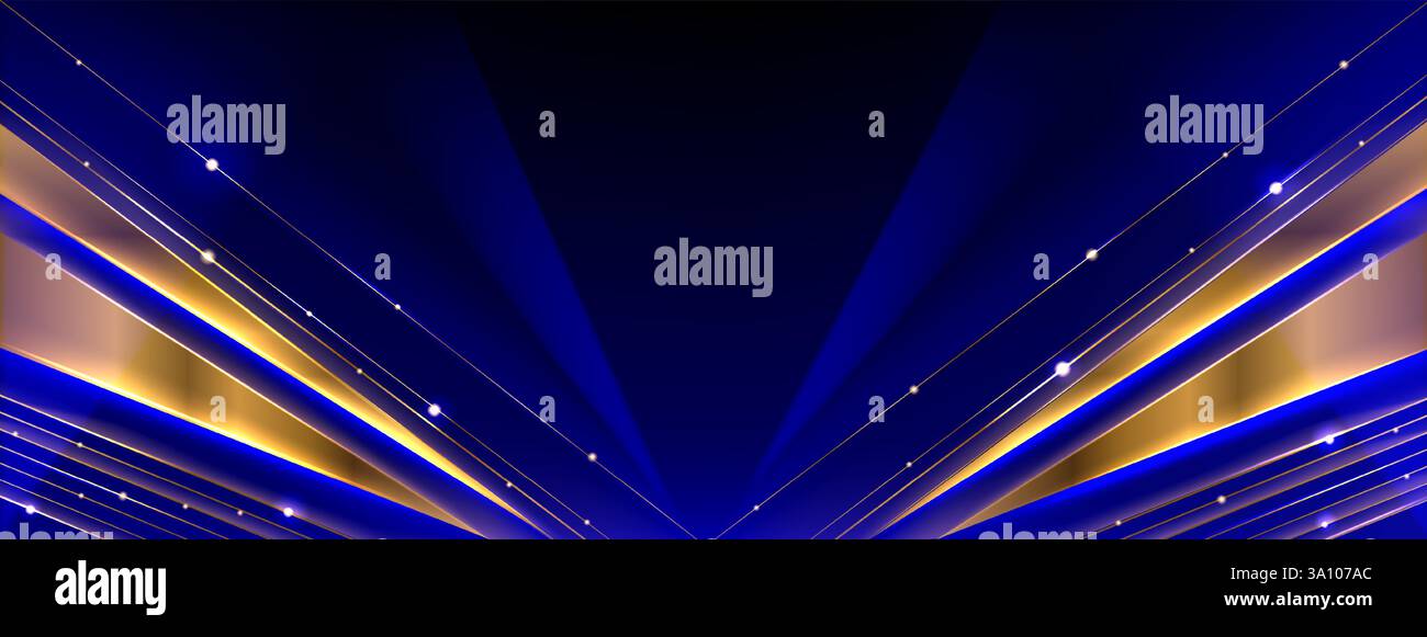 Abstract stage design with glowing blue backdrop illuminated by gold ...
