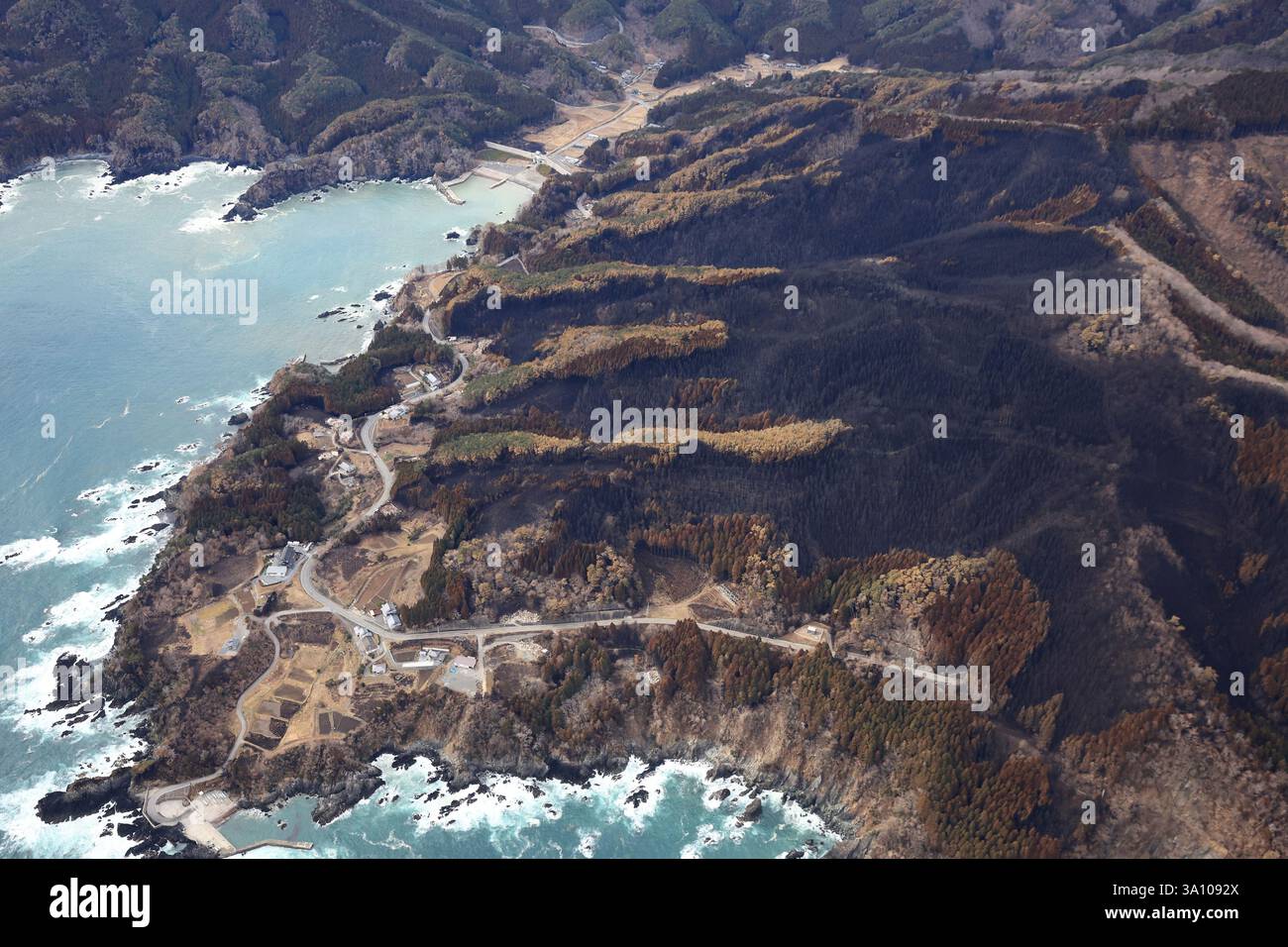 Aerial photo shows the mountain surface scorched black by forest fires ...