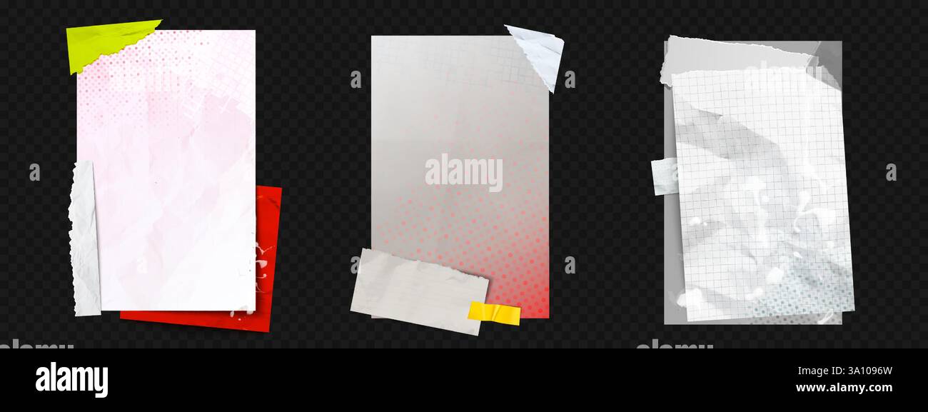 Punk grunge paper sheets with halftone textures on transparent backdrop ...