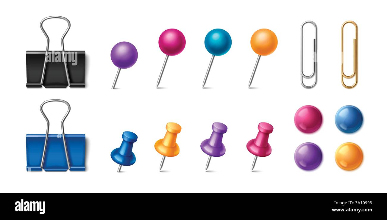 Pins and paper clips set isolated on white background. Vector realistic ...