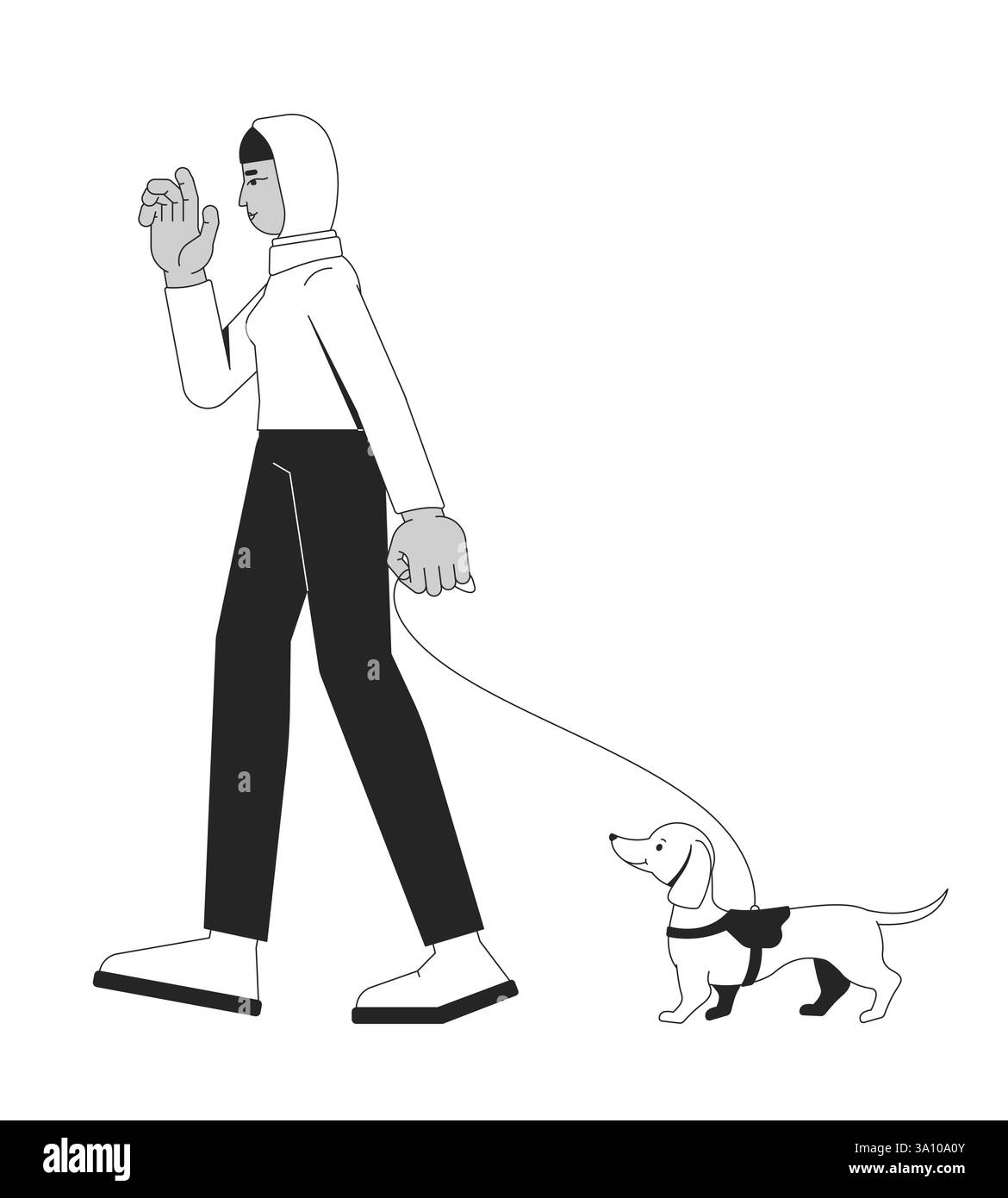 Muslim hijab woman walking dachshund dog on leash 2D line character ...