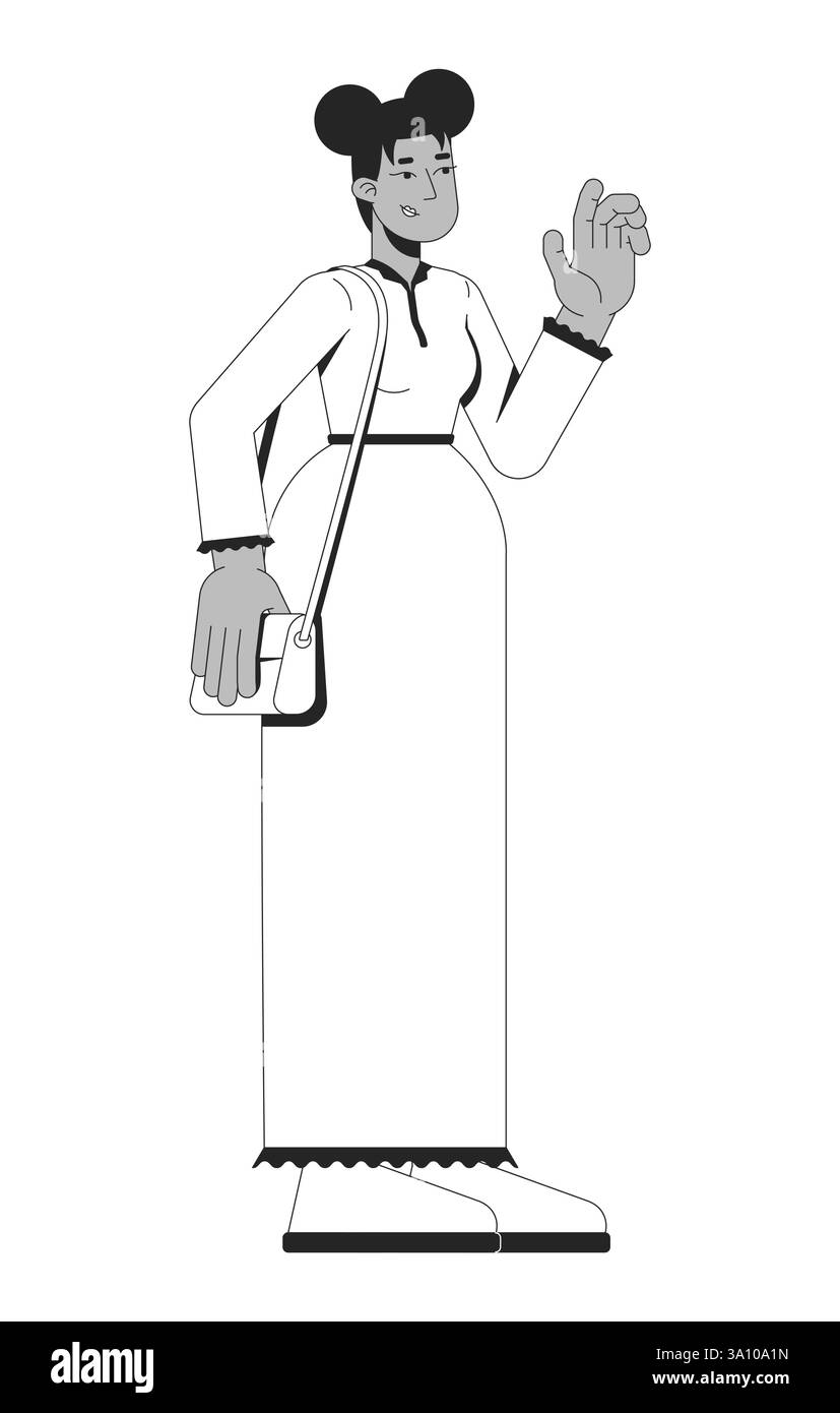 Modest black woman in long dress with handbag waving hand 2D line ...