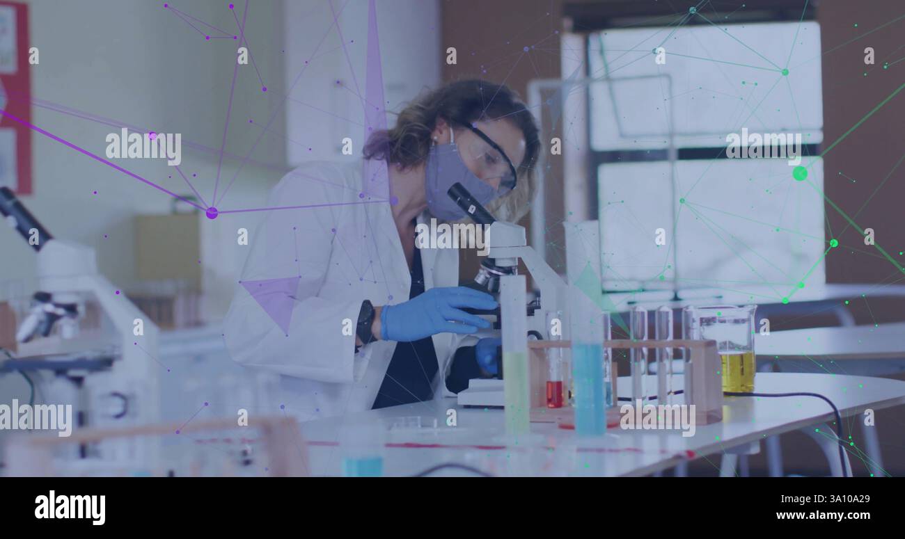 Scientist examining samples with microscope, network connections image ...