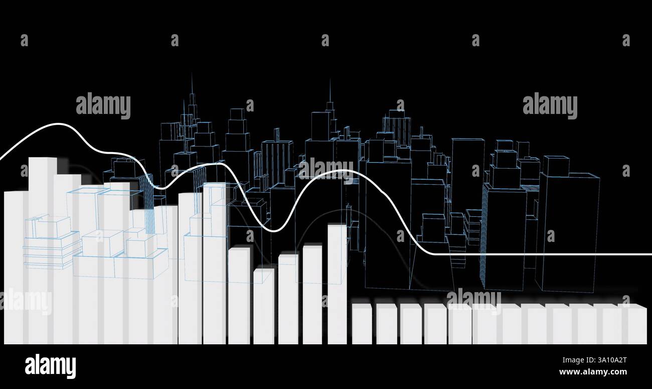Bar graph and line chart over image of city skyline at night Stock ...