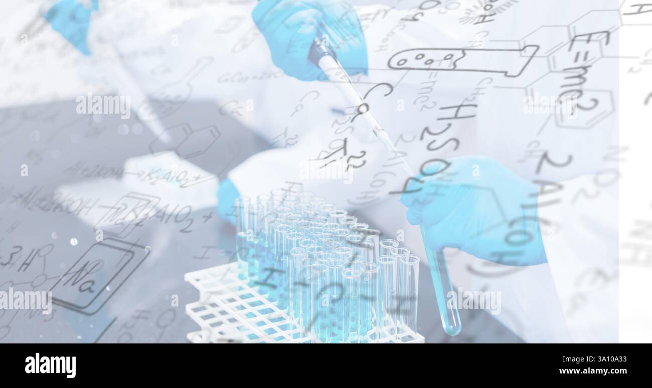 Chemical formulas and laboratory experiment image over scientists ...