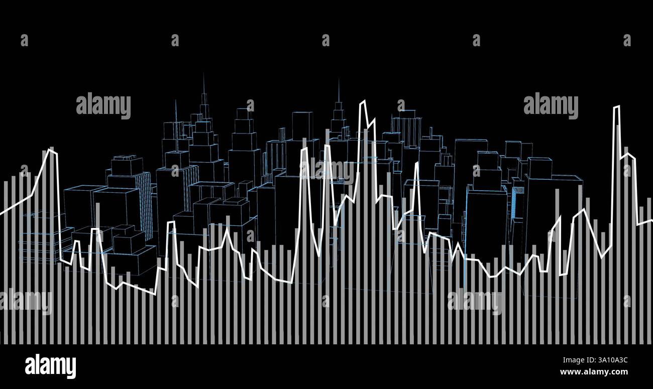 City skyline with fluctuating graph image over black background Stock ...