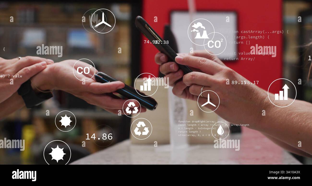 Image of ecology symbols and data processing over diverse people paying ...