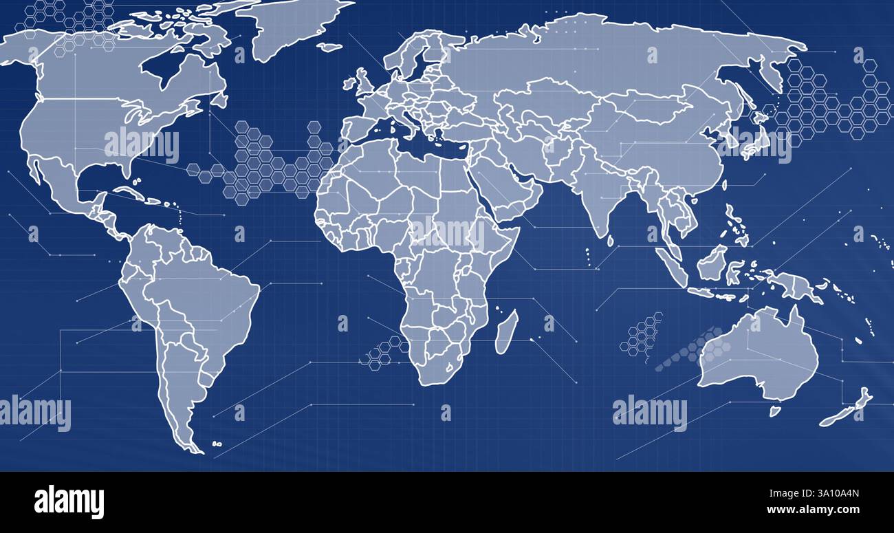 World map with hexagonal patterns, global network connections image Stock Photo - Alamy