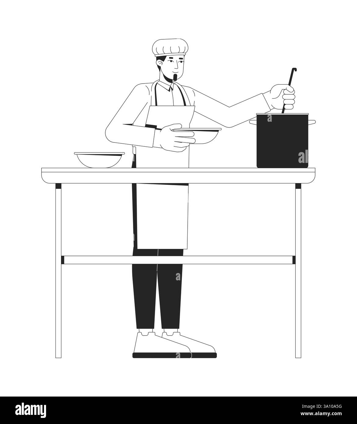 Male volunteer chef preparing and serving food 2D line character Stock ...