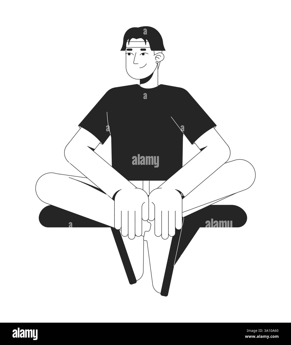 Young asian man sitting cross-legged with calm expression smiling 2D ...