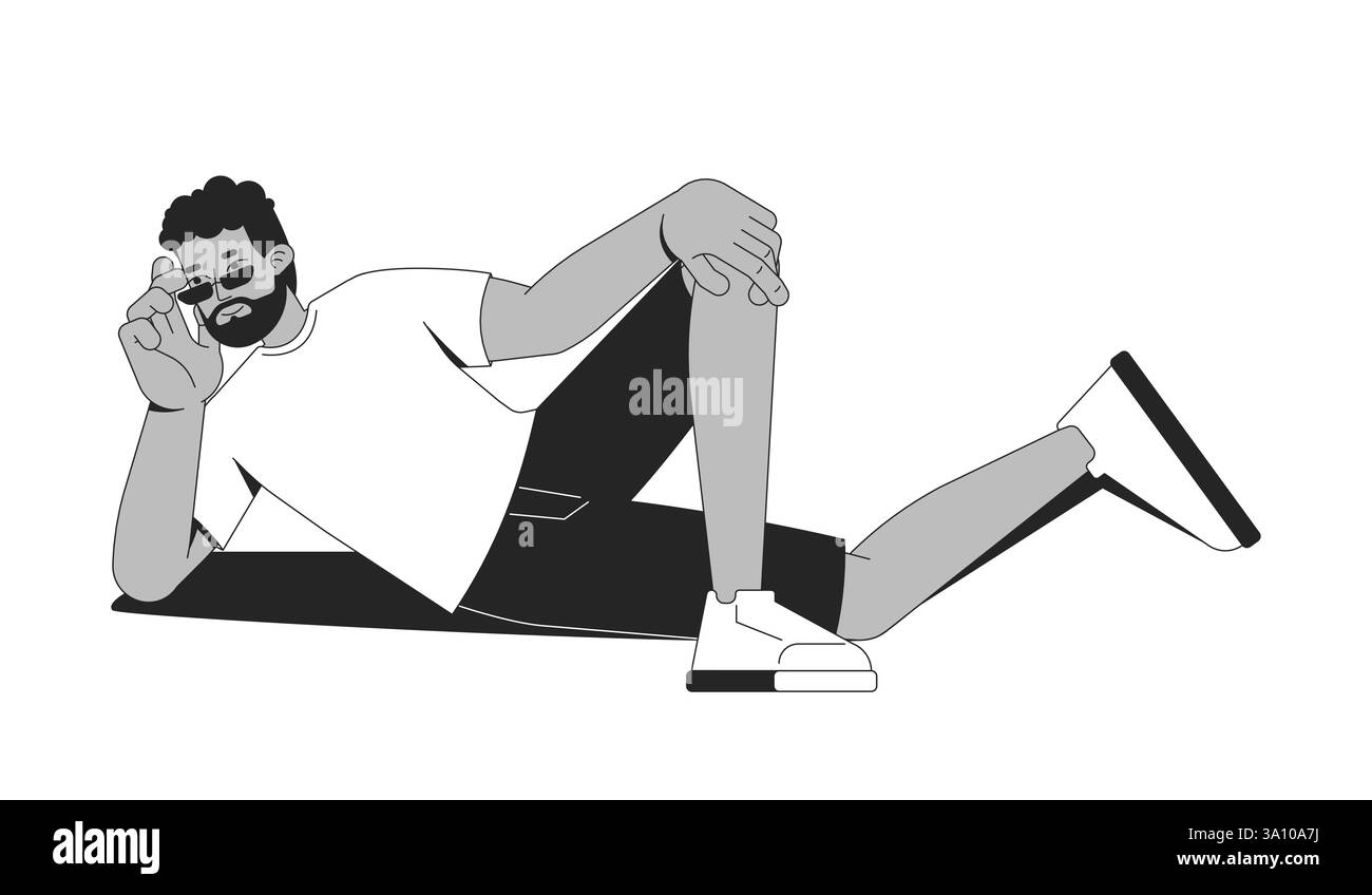 Relaxed bearded black man in sunglasses lounging on side 2D line character Stock Vector Image ...