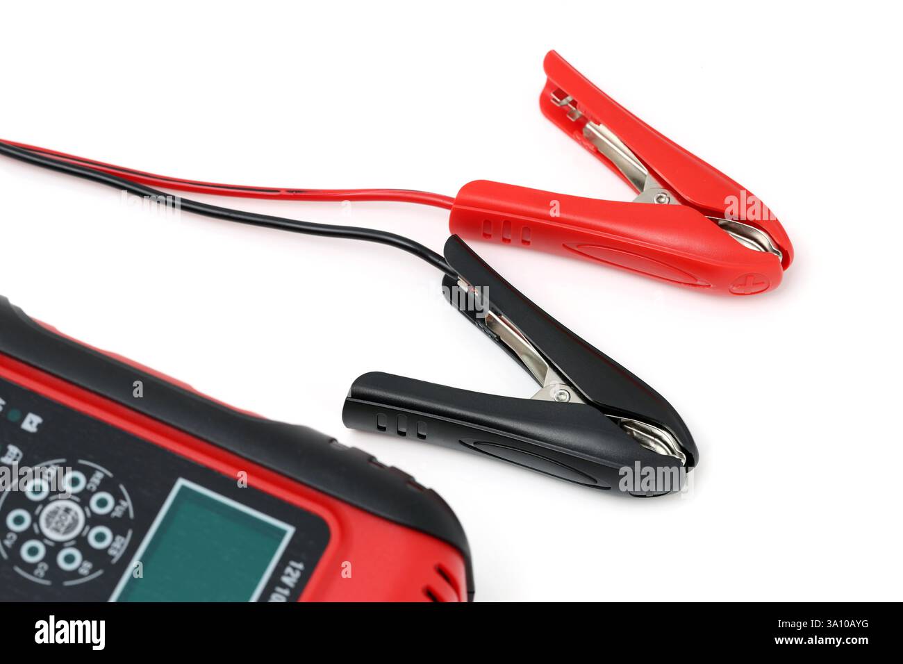 car battery charger with alligator clips on white background Stock ...