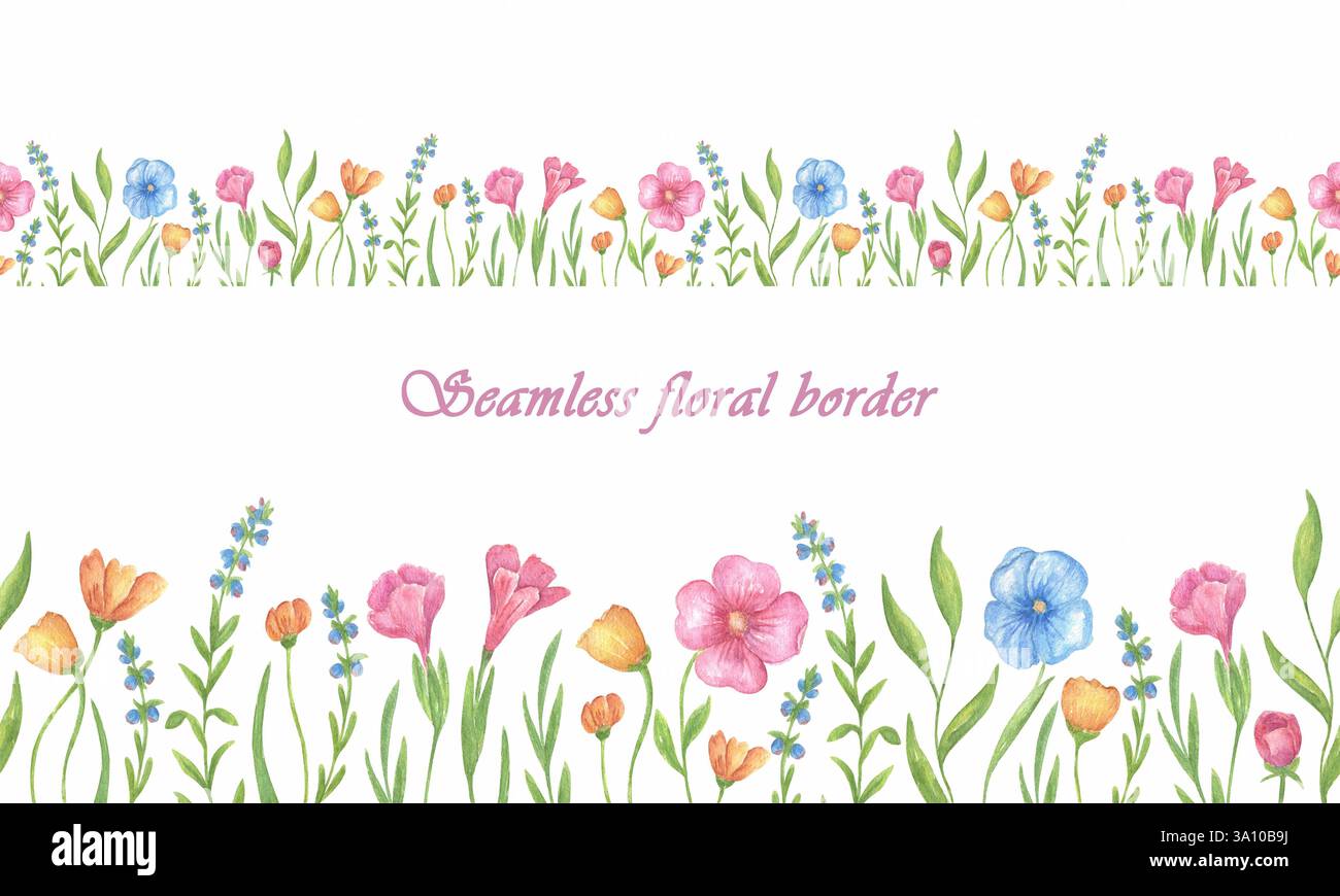 Watercolor seamless border with bright summer violets and greenery ...