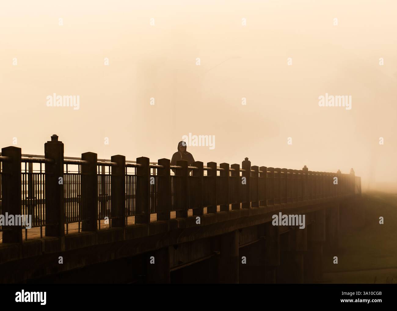 sillhouette of man walking on foggy bridge in winter. Warwick ...