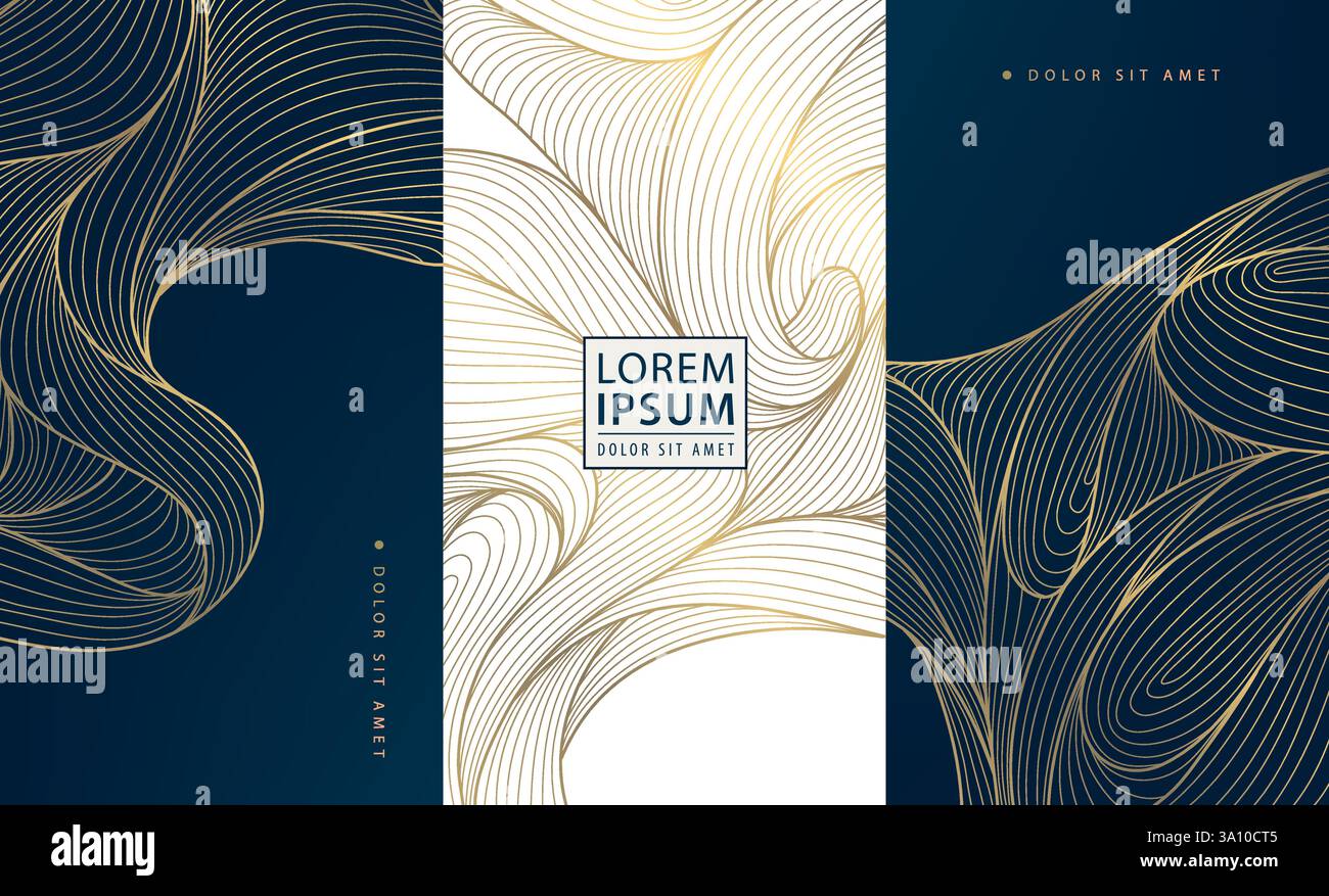 Vector set of gold line texture wave labels, japanese elegant package ...