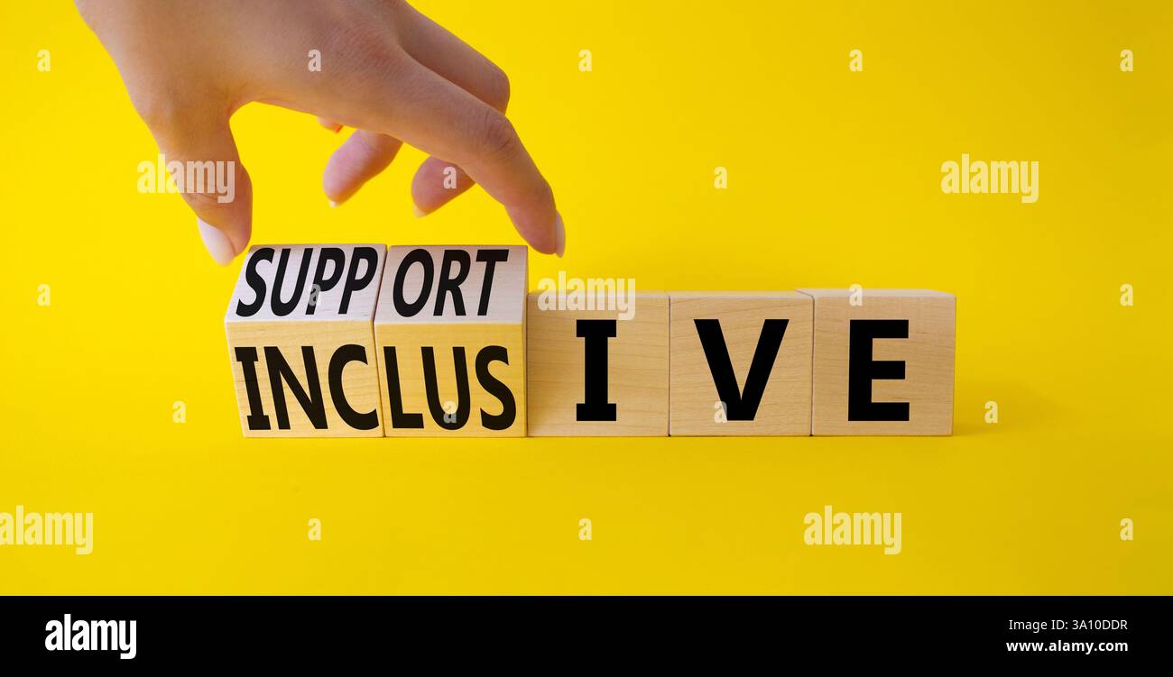Supportive and Inclusive symbol. Hand turns a cube and changes the word ...