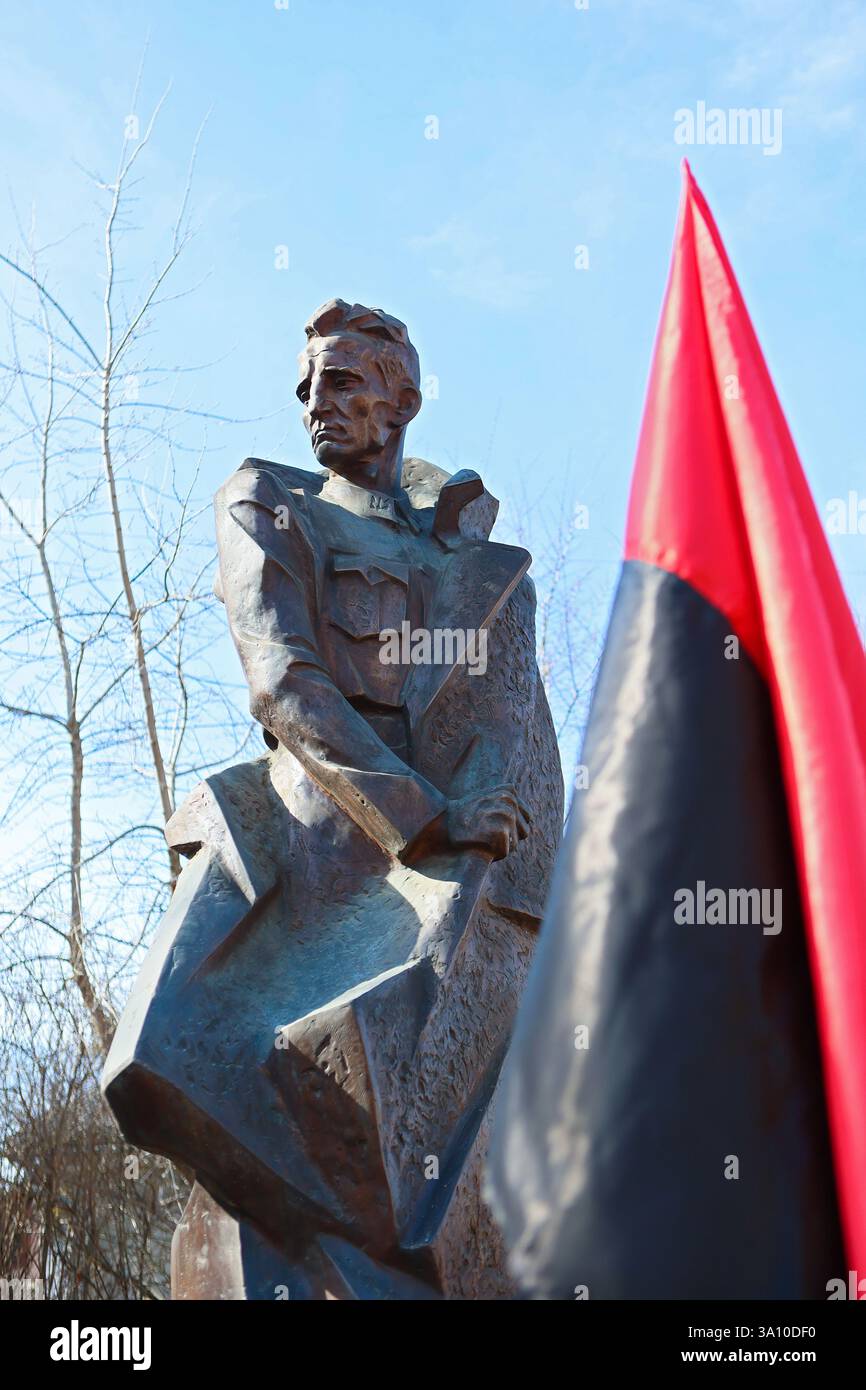 The monument to Roman Shukhevych is pictured during the gathering to ...