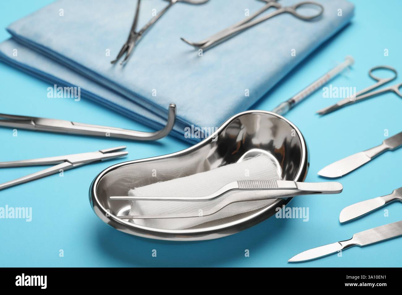 Different surgical tools on light blue background, closeup Stock Photo ...