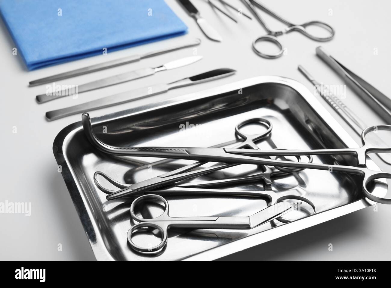 Different surgical tools on light gray background, closeup Stock Photo ...