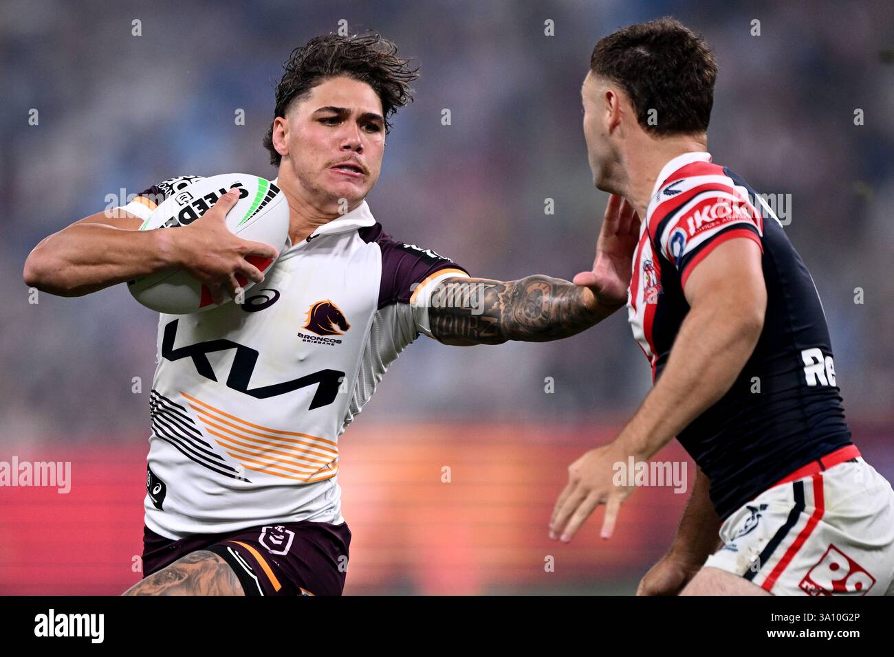 Sydney, Australia. 06th Mar, 2025. Reece Walsh of the Broncos fends off ...
