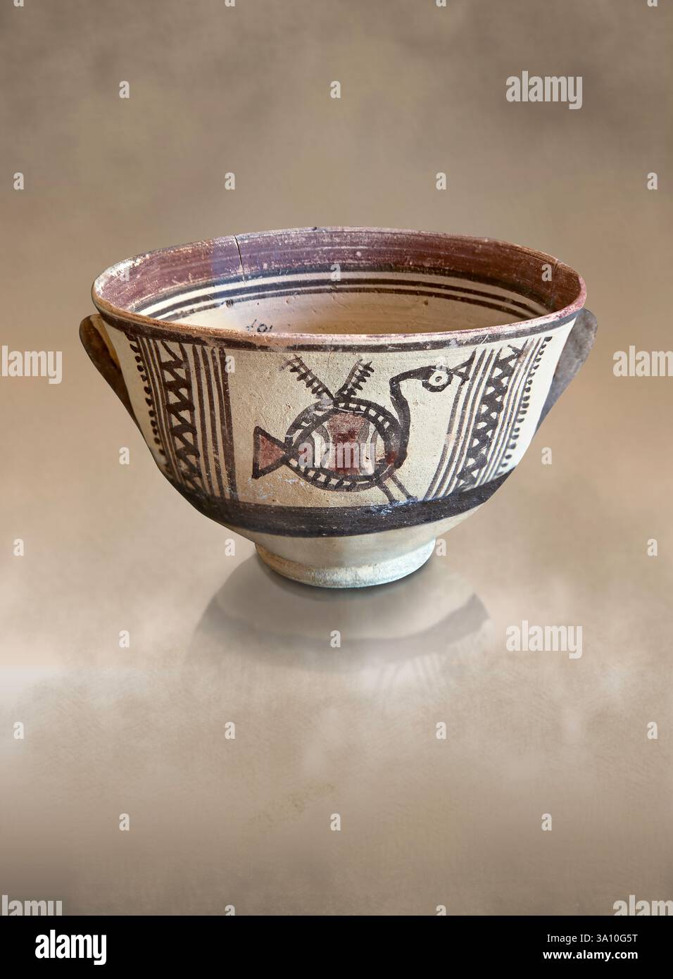 Ancient Greek Cypriot geometric pottery cup with a dark painted bird ...