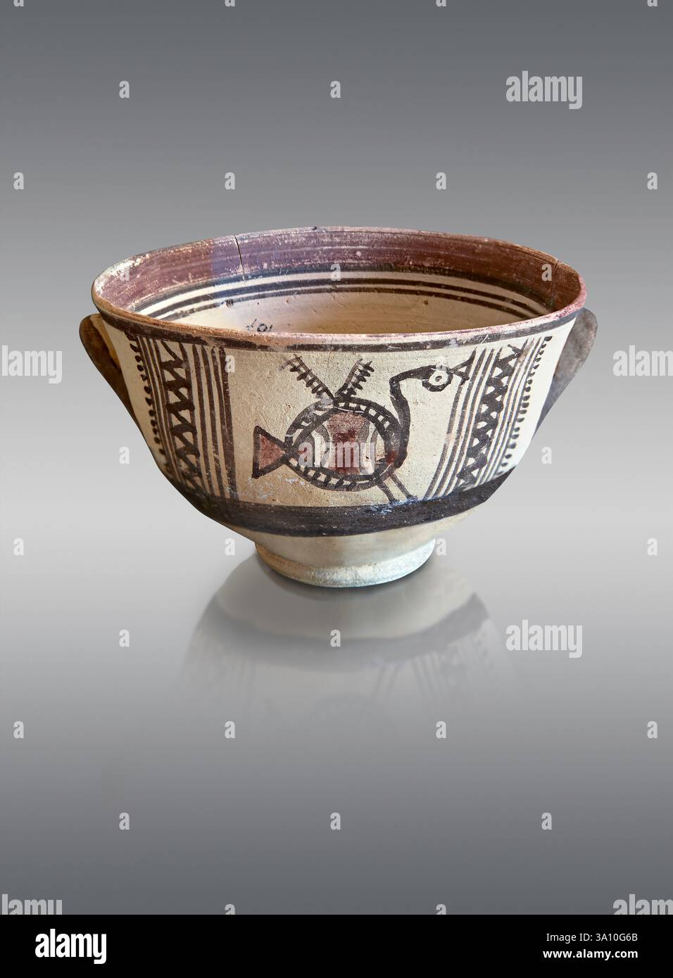 Ancient Greek Cypriot geometric pottery cup with a dark painted bird ...