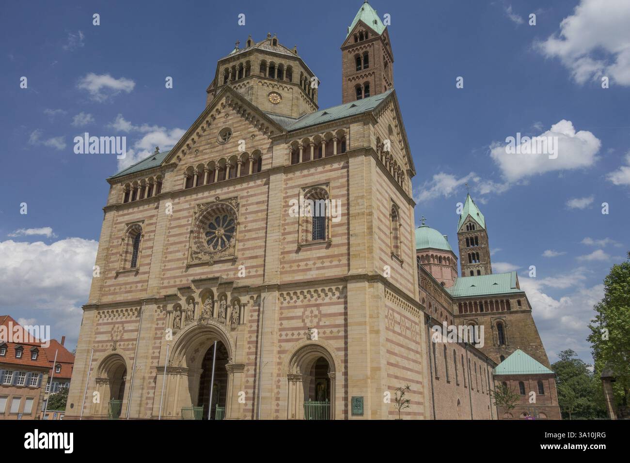 Building with Romanesque facade and towers, presents itself ...