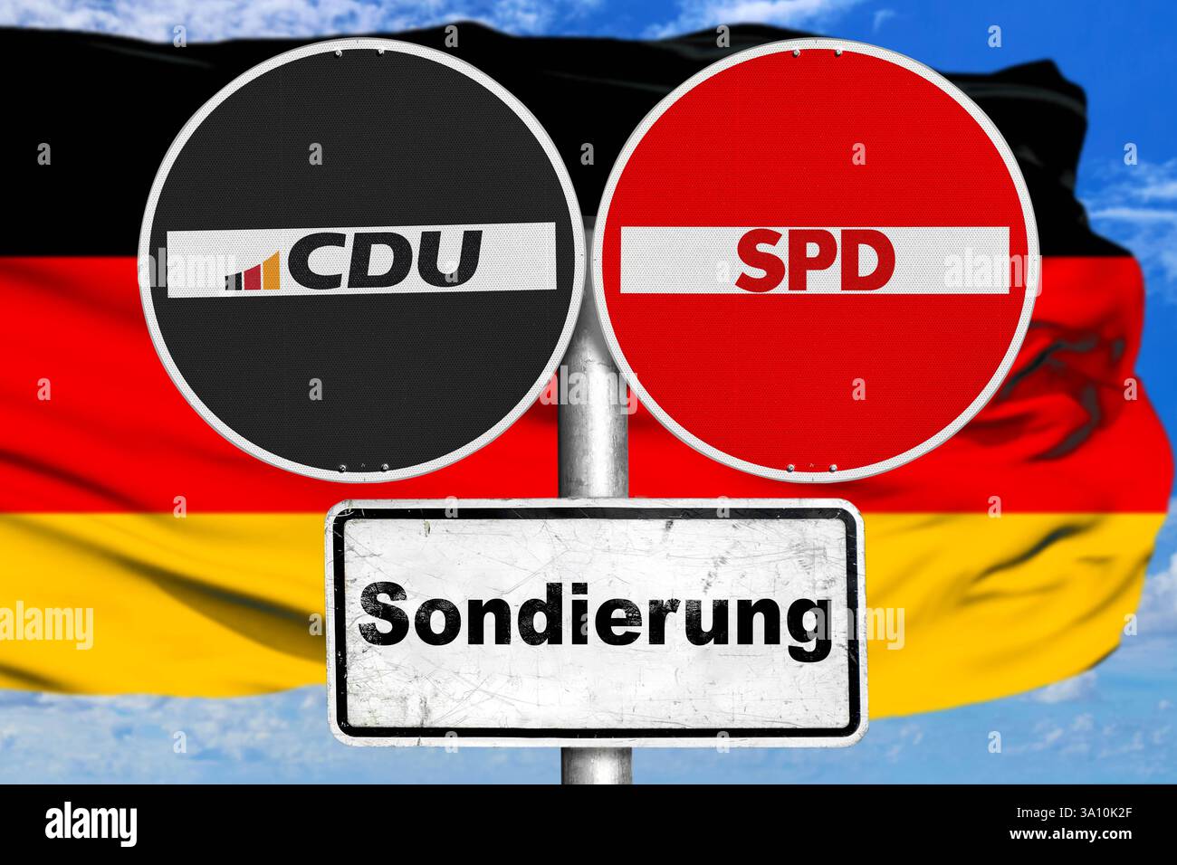 Germany - March 5, 2025: PHOTOMONTAGE, traffic signs with the logos of ...