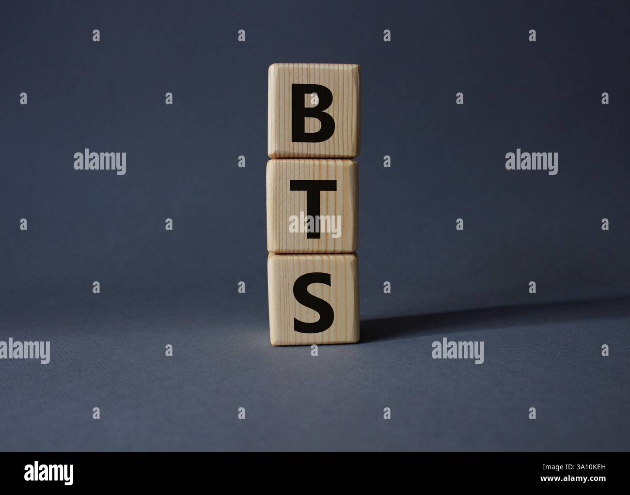 BTS symbol. Wooden cubes with word BTS. Beautiful grey background. BTS ...