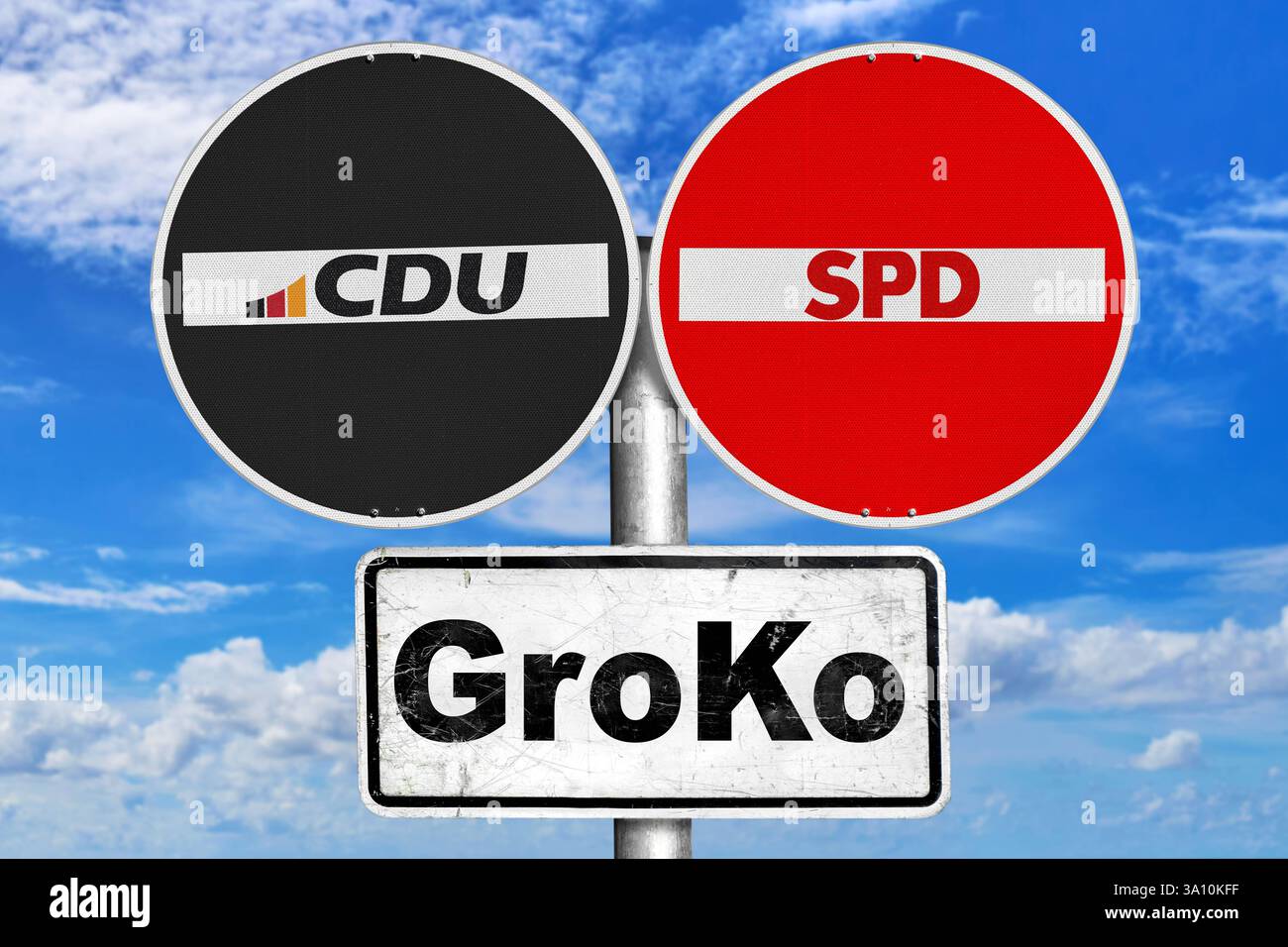 Germany - March 5, 2025: PHOTOMONTAGE, traffic signs with the logos of ...