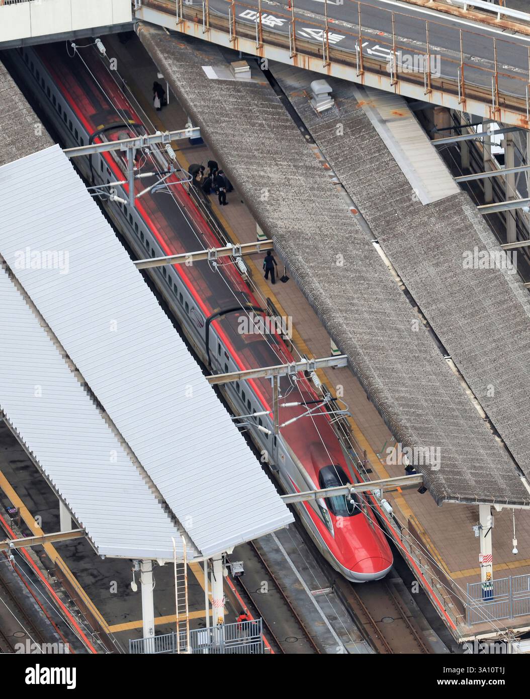 An aerial photo shows the Tohoku Shinkansen (bullet train) "Komachi" arrived at JR Omiya Station ...