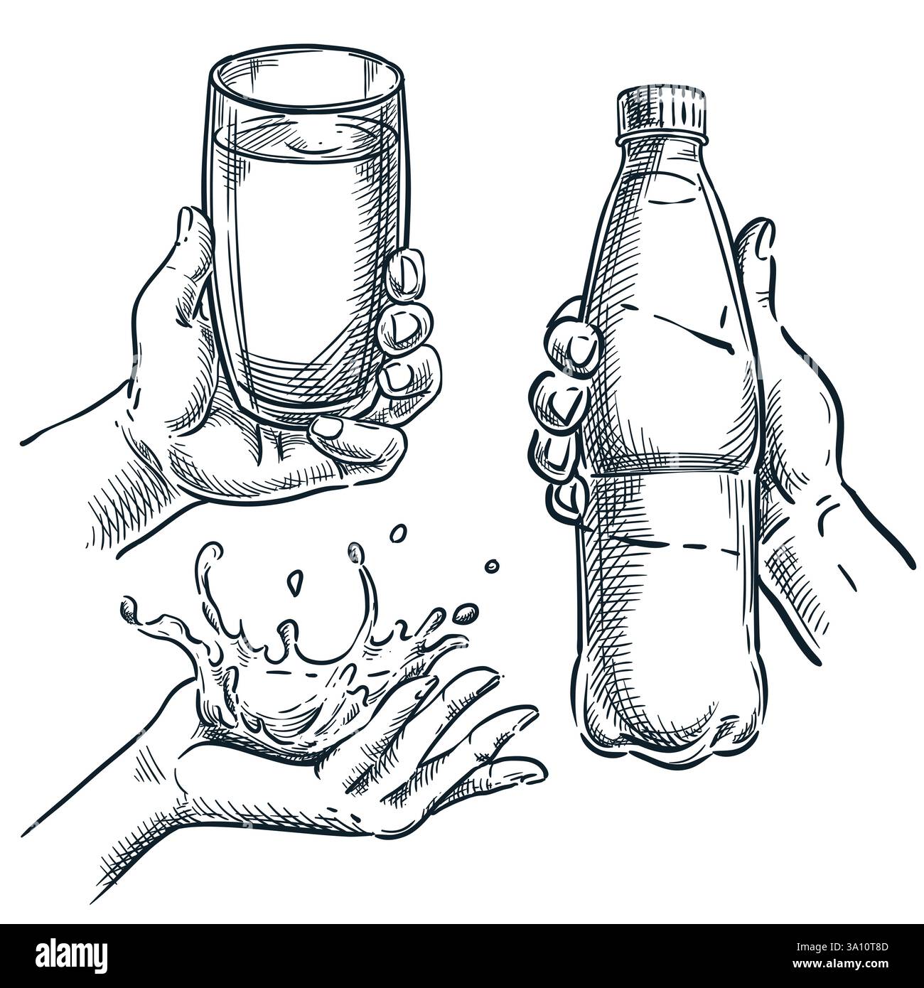 Human hand holding drinking glass, plastic bottle and water splash ...