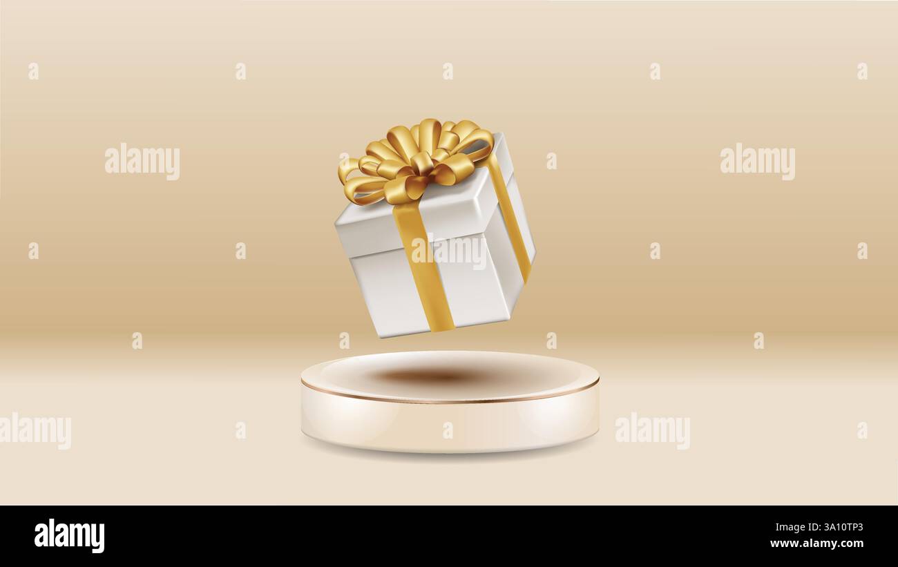 Gift wrapped with golden ribbon on product podium 3d realistic elements ...