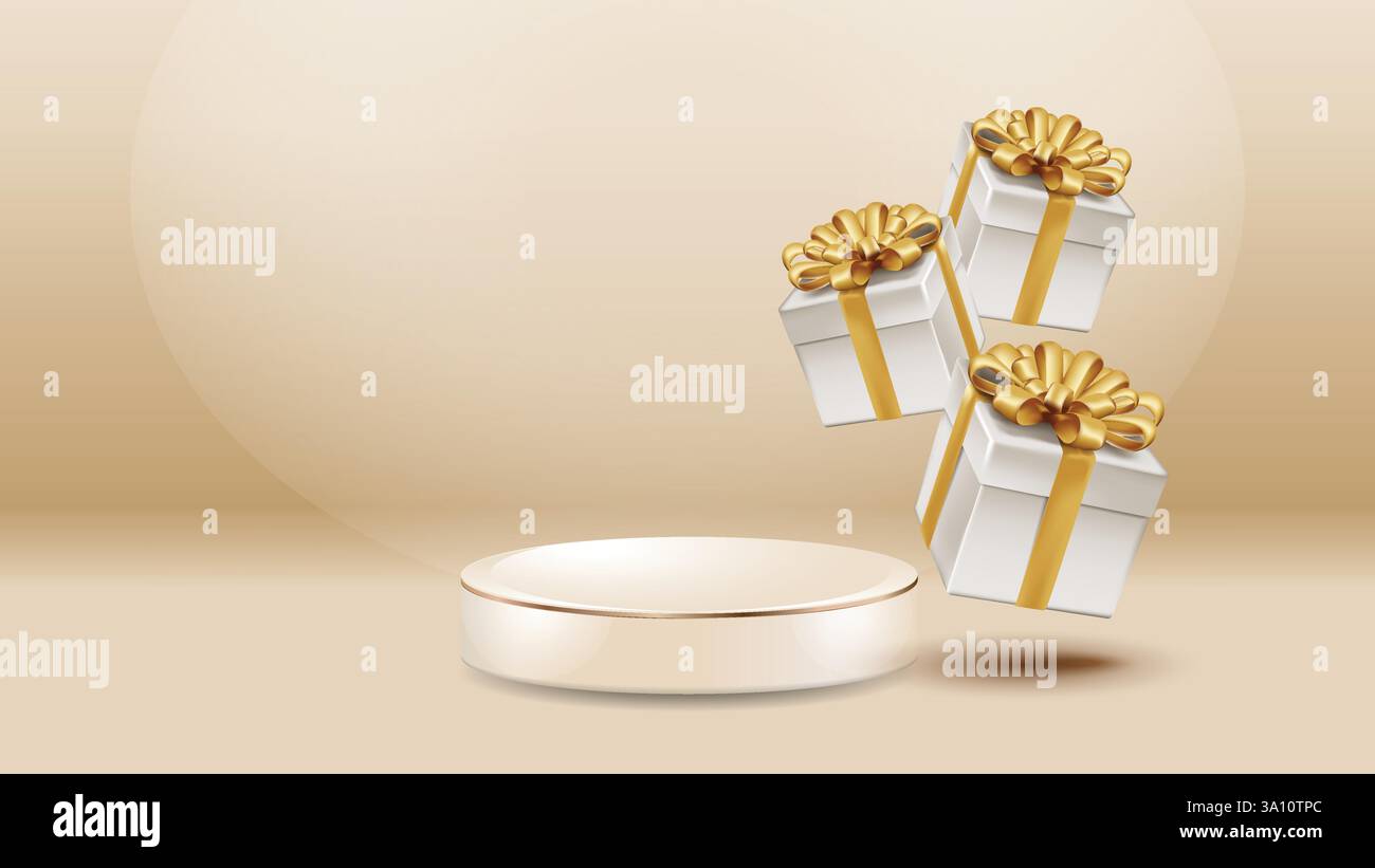 Product podium with flying gifts, golden ribbon and bow luxury ...