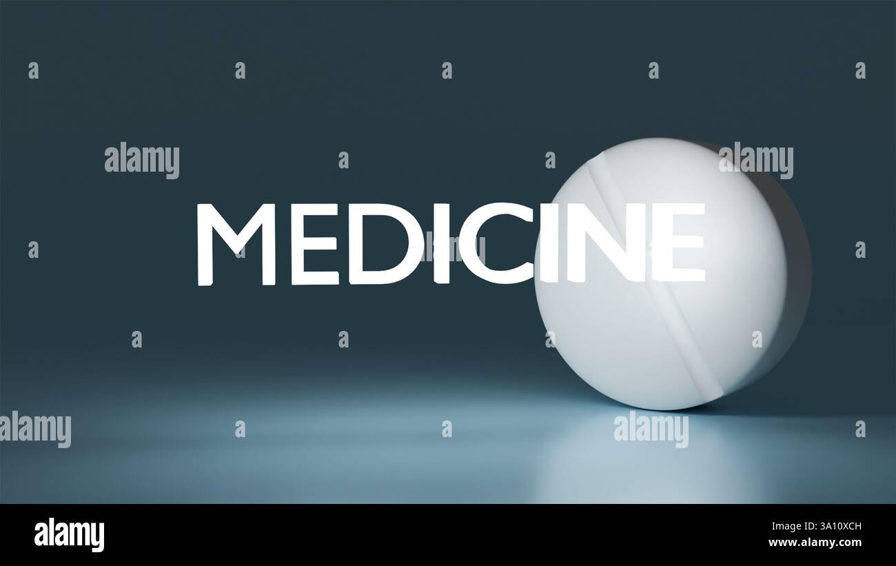 3d model of white round pill on dark blue background and text medicine ...