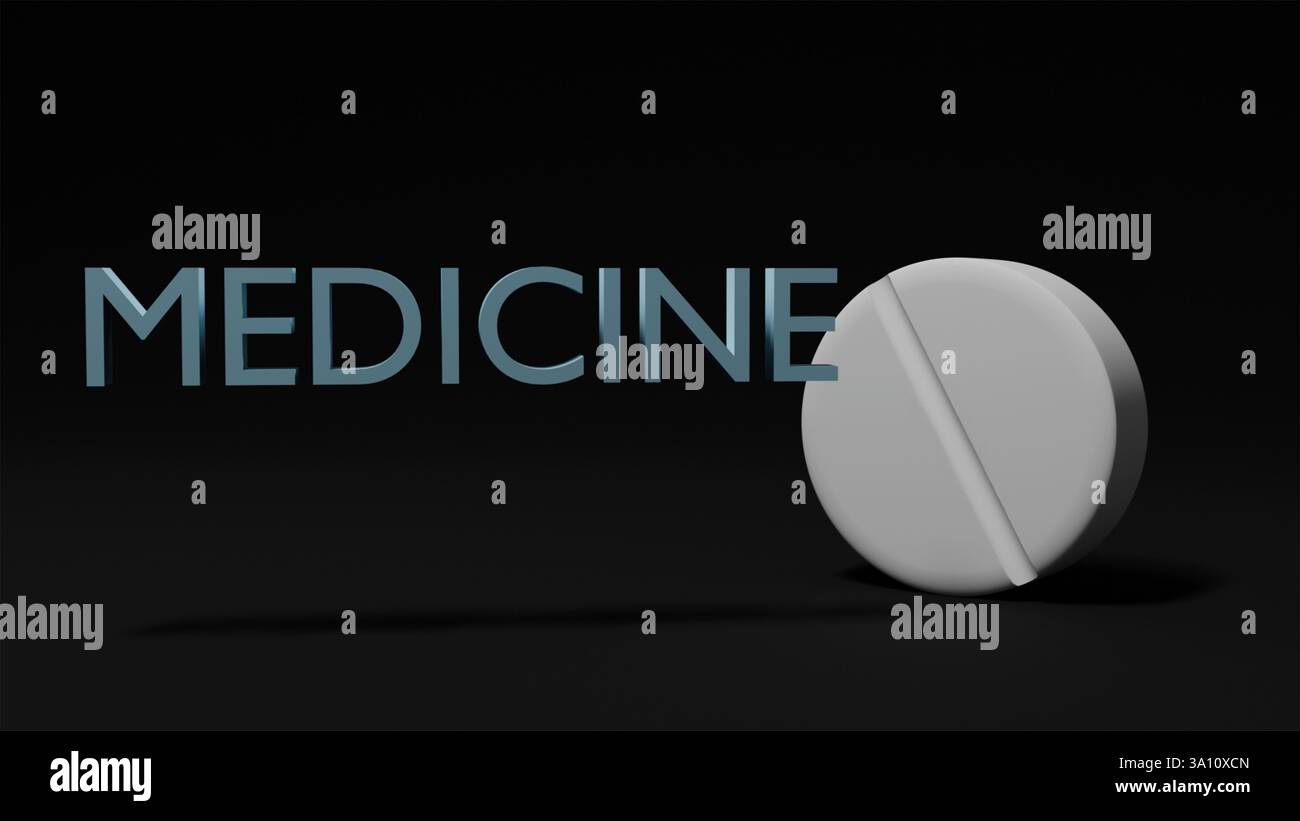 3d model of a white round tablet on a black background and the text ...