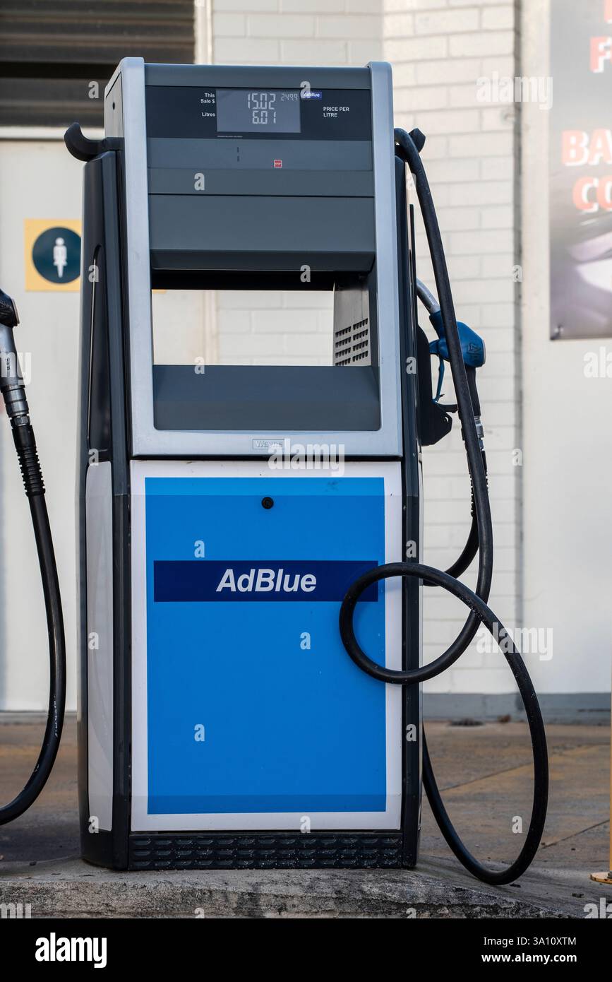 Diesel exhaust fluid (DEF) also known as AUS 32 and sometimes marketed as AdBlue at a pump in ...