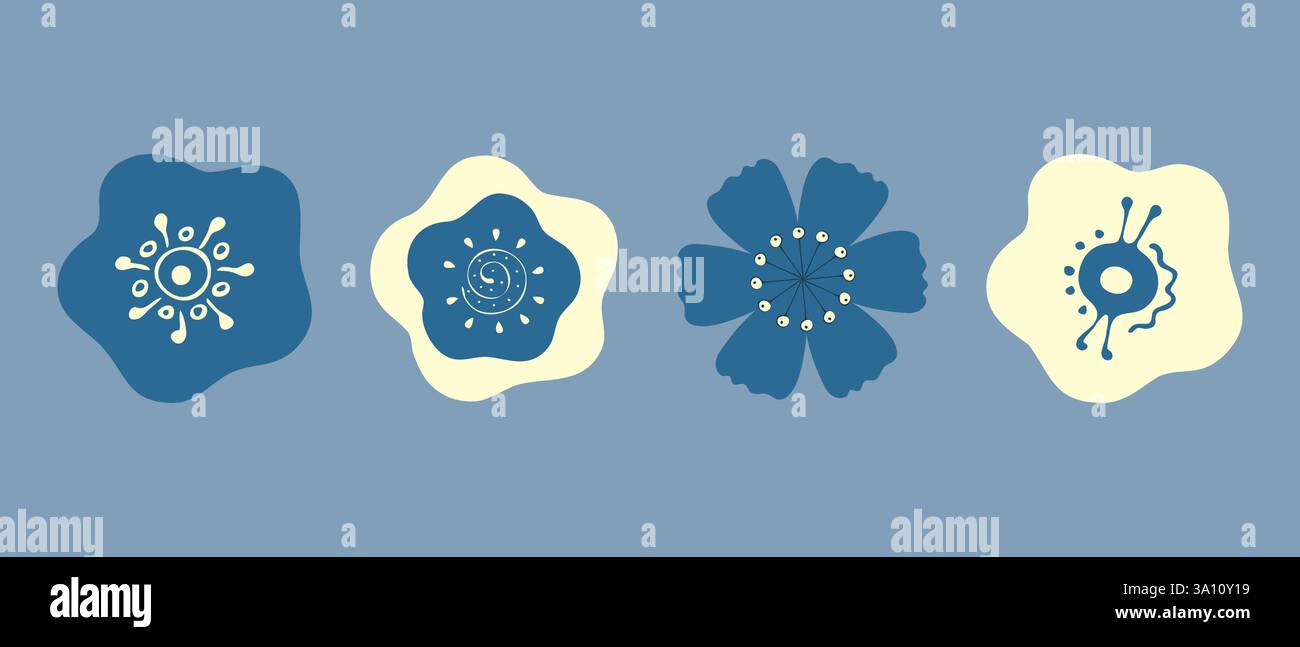 Set of blue-beige flower buds in simple flat doodle style. Isolated ...