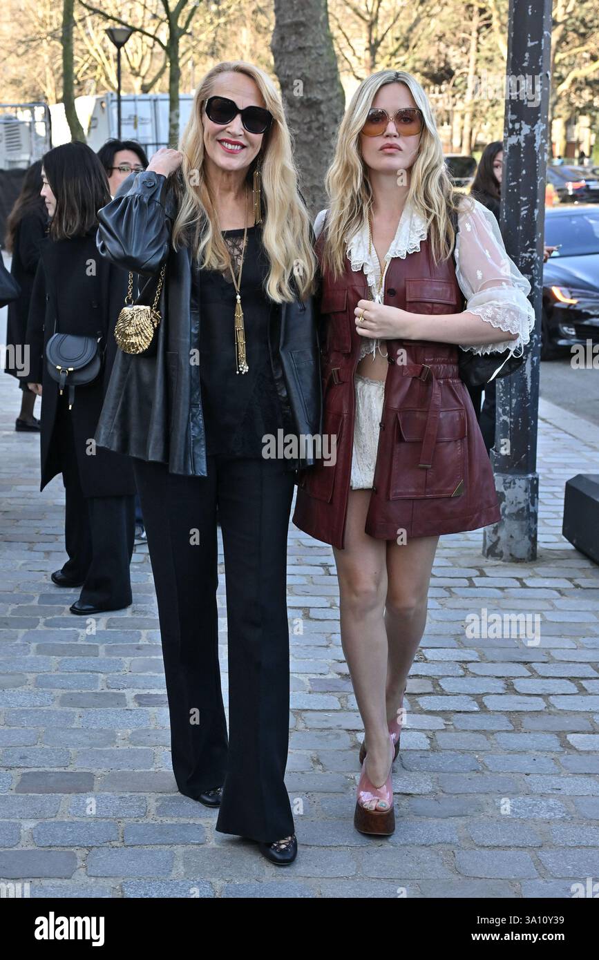 Jerry Hall, Georgia May Jagger arriving at Chloe show during Paris ...