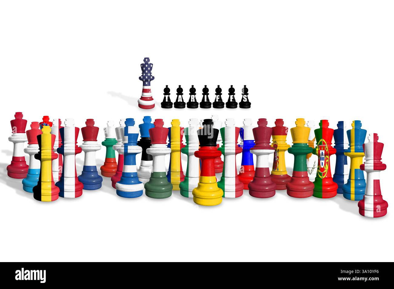Chess made from US and EU members flags on a white background with word ...