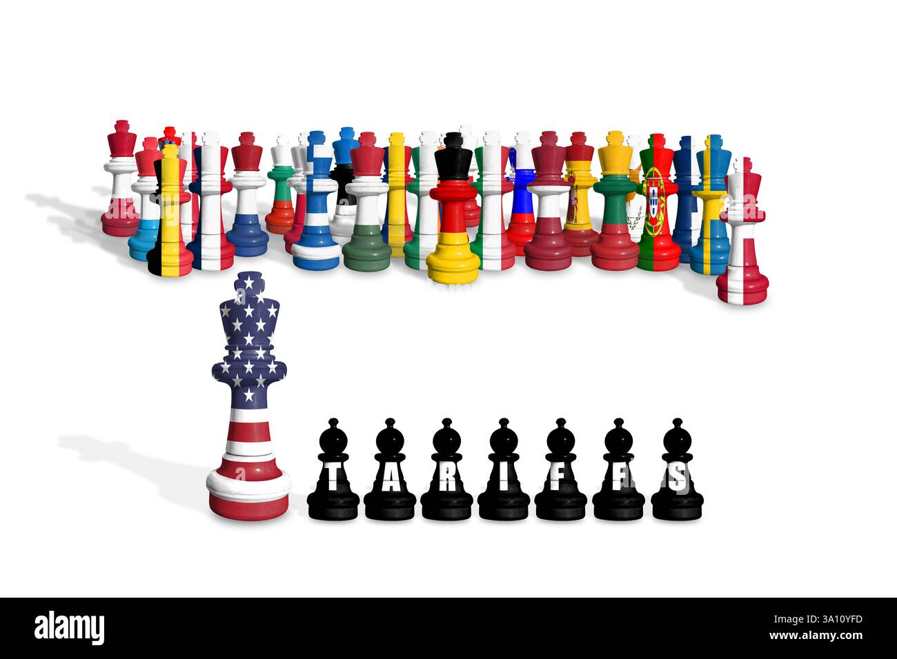 Chess made from US and EU members flags on a white background with word ...