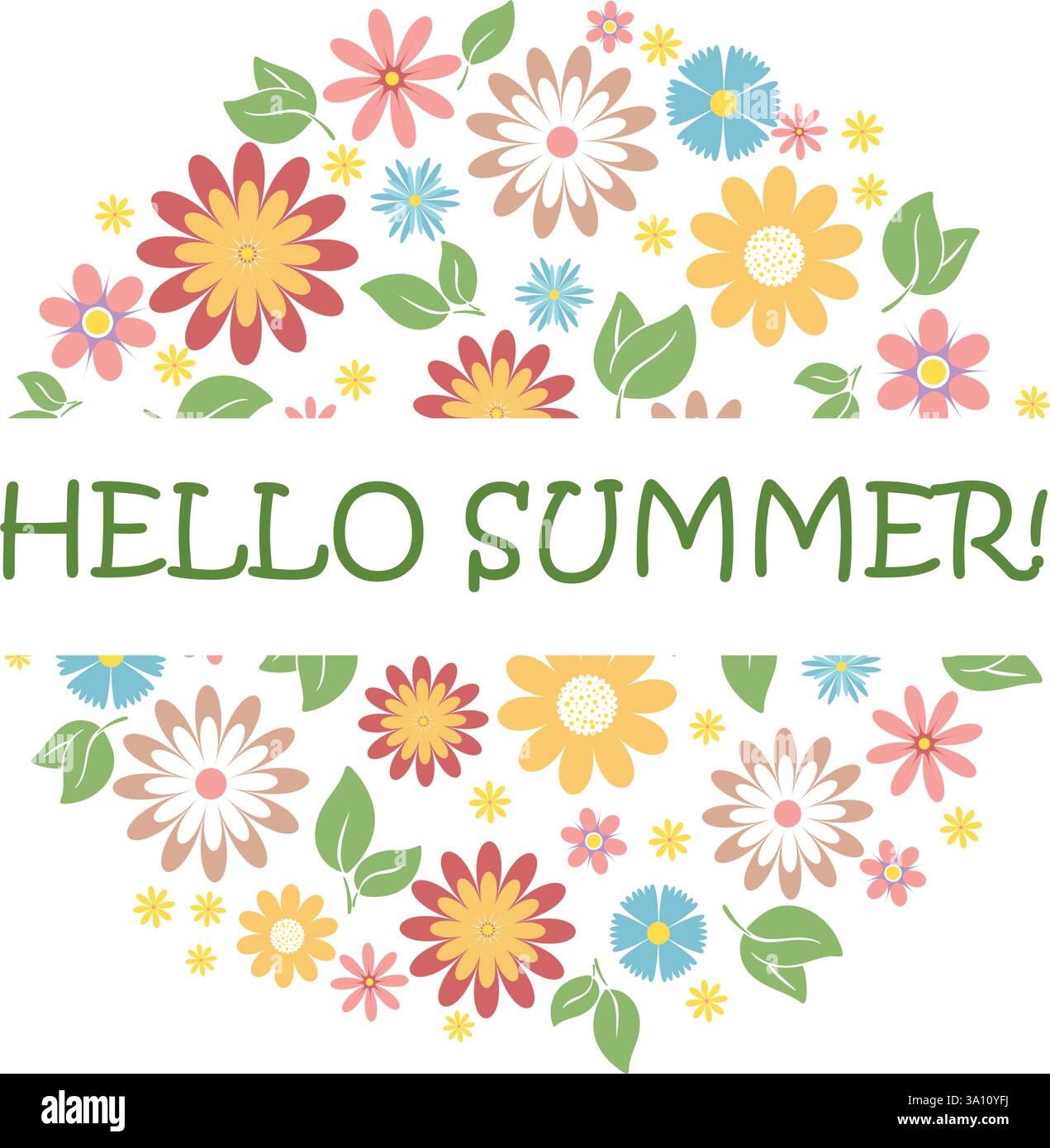 Hello summer floral wreath banner. Seasonal floral template with ...