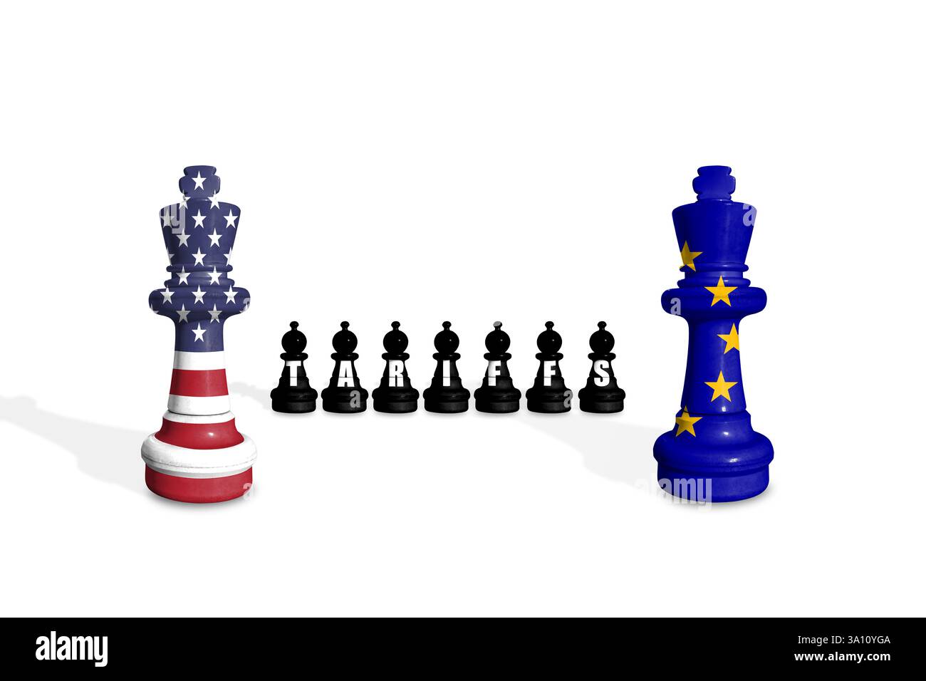 Chess made from US and EU flags on a white background with word TARIFFS ...