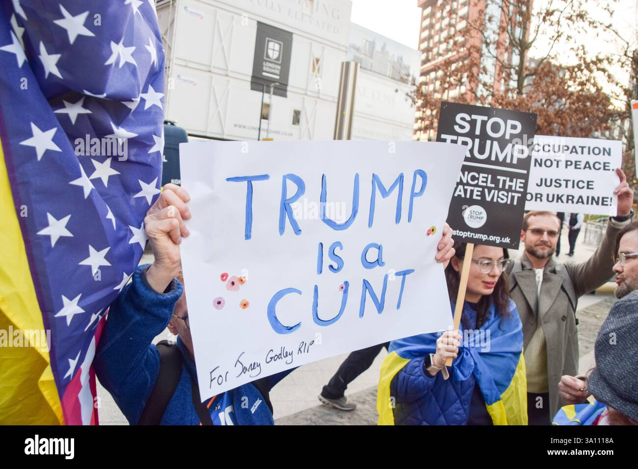 London, UK. 5th March 2025. A protester makes her feelings known about ...