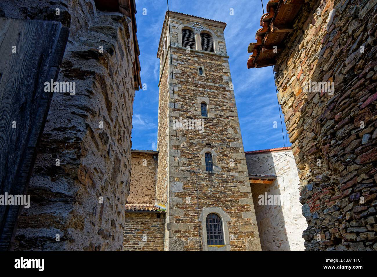 SAINTE-CROIX, FRANCE, March 3, 2025 : Bell tower of the medieval church ...