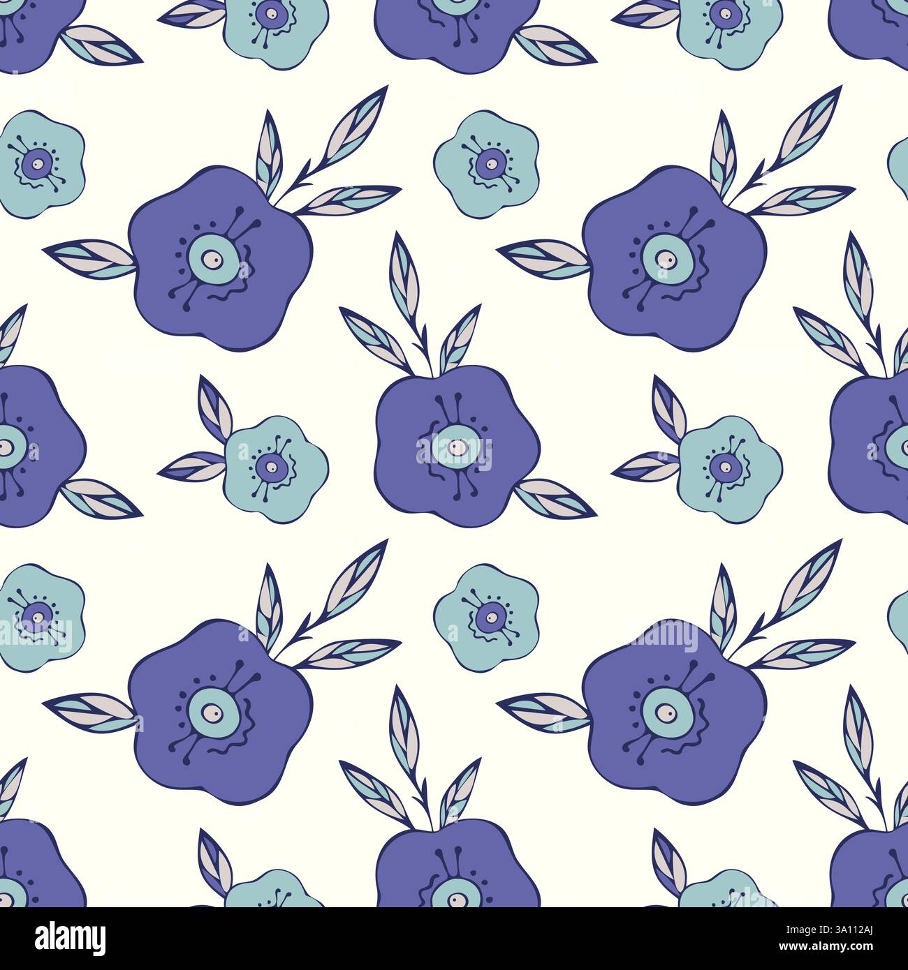 Floral violet pattern of doodle flowers, stylized flowers and leaves ...