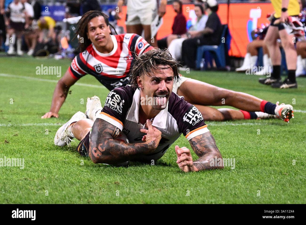 Sydney, Australia. 06th Mar, 2025. Jesse Arthars of the Broncos scores ...