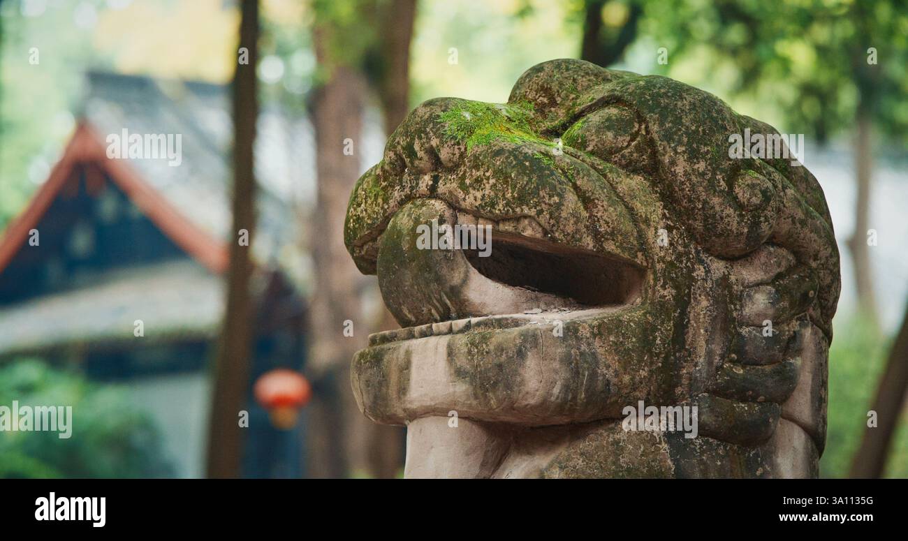 Chengdu, Sichuan, China. Head of Stone Guardian Lion at Wuhou Memorial ...