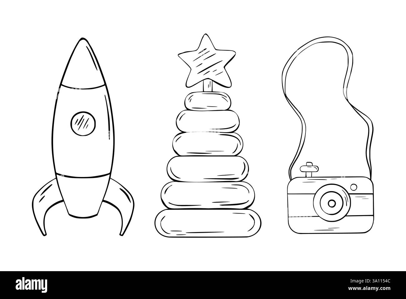 Set silhouette of baby wooden toys. Sketch of Children Wooden rocket ...